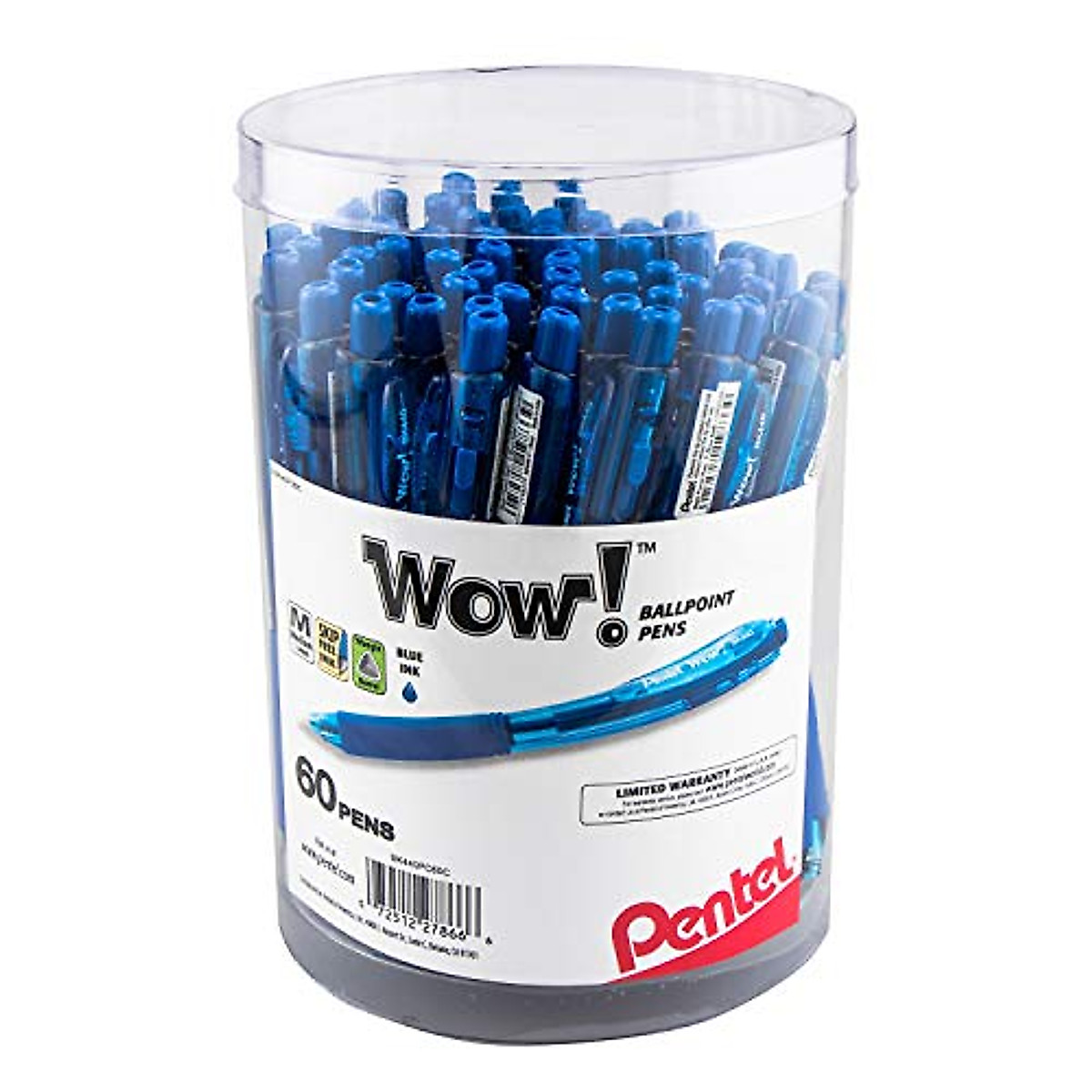 Pentel WOW! Ballpoint Pen, (1.0mm) Med. line, Blue Ink, 60-pk Canister (BK440PC60C)