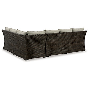 Signature Design by Ashley Brook Ranch Casual Weather Resistant Right Hand Facing Outdoor Sofa Sectional/Bench with Cushion and 6 Throw Pillows, Set of 3, Beige & Dark Brown