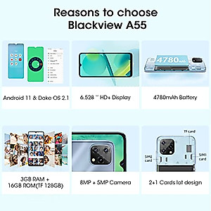 Android Phone Unlocked, Blackview A55, 4G Dual SIM Unlocked Cell Phone Android 11 Phones Unlocked, 3GB+16GB ROM Storage 128GB Expandable, 6.5" HD+Face ID Unlock,4780mAh,Support AT&T, Cricket, T-Mobile