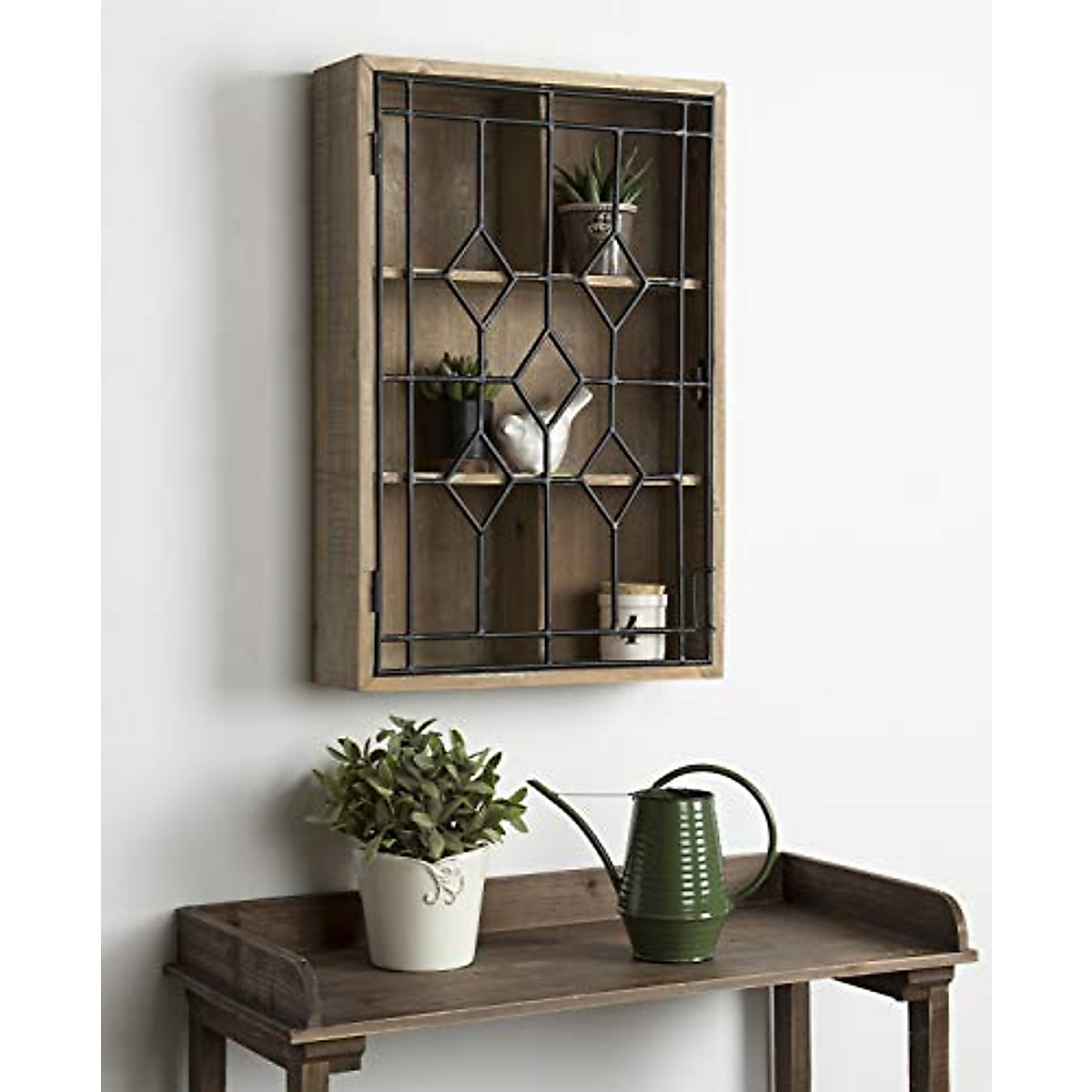 Kate and Laurel Megara Decorative Wooden Wall Hanging Curio Cabinet for Open Storage with Decorative Black Iron Door, Rustic Brown