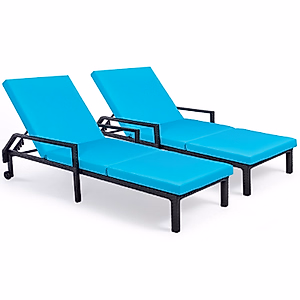 AECOJOY Chaise Lounge Chairs for Outside Outdoor Lounge Chairs Set of 2, Adjustable PE Rattan Wicker Patio Pool Lounge Chair with Cushion and Wheels for Poolside Backyard Deck Porch Garden, Blue