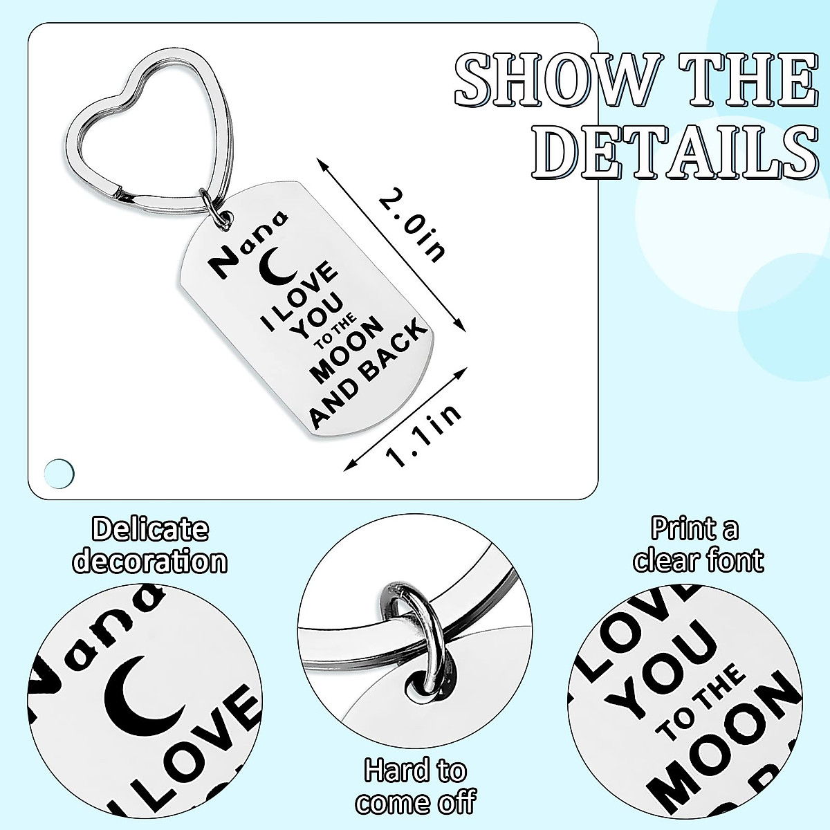 Nana Gift from Granddaughter Grandson I Love You to the Moon and Back Nana Keychain Cute Heart Key Ring Engraved Grandma Keychain Jewelry for Women Birthday Christmas Mother’s Day Present
