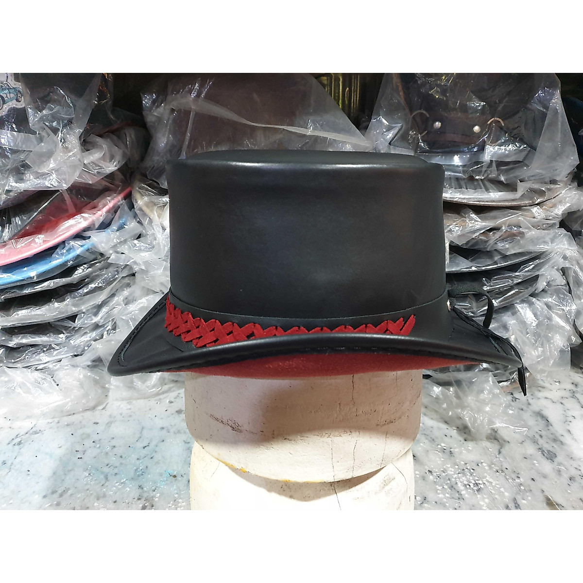 Steampunk Braided Band Black Leather Top Hat (Leather, Large)