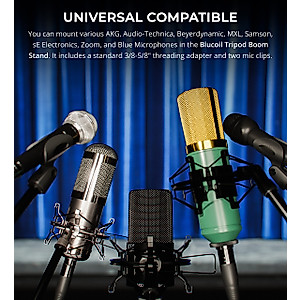 Blucoil Adjustable Microphone Stand with 2.3' - 4.1' Height, Rotating Boom Arm, Tripod Base, Dual Mic Clips - Compatible with AKG, Audio Technica, MXL, Samson, Blue Mic, sE Electronics, and More