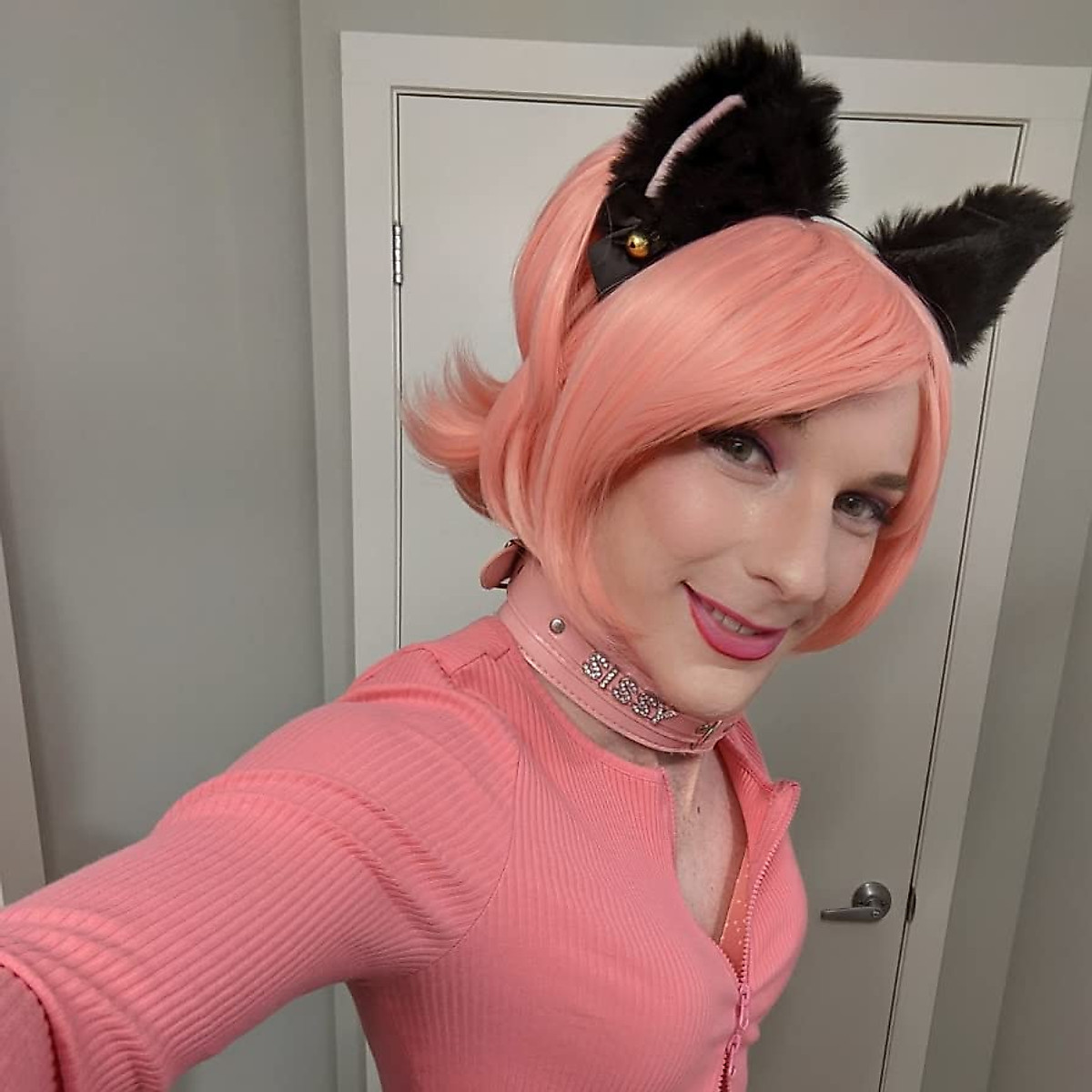 paloli Pink Choker Necklace for Women Leather Collar Fluffy Punk Leash Neck Choker Gothic Cosplay Sexy Jewelries