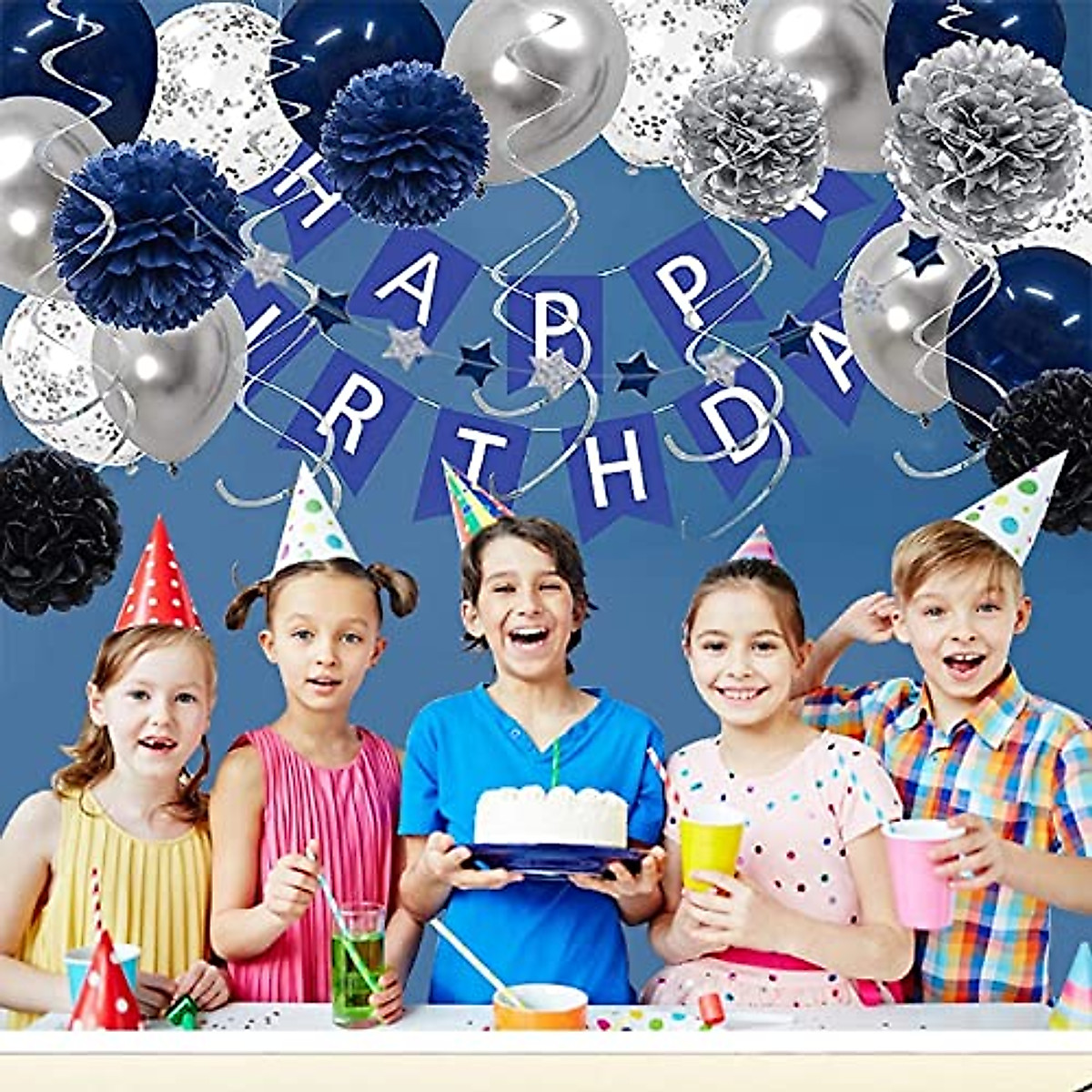 Blue Birthday Party Decorations for Men Women Boys Girls,Birthday Party Supplies Birthday Balloons, Happy Birthday Banner,Tissue Pompoms, Hanging Swirl Star Garland for Birthday Decorations of All Age