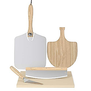 SHINESTAR Rectangular Pizza Stone and Peel Set - 15"x12" Baking Stone, Metal & Wood Pizza Peel, Pizza Grilling Stone Kit for Oven, Grill, Bread and BBQ (5PCS)