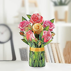 MONJITA Pop Up Flower Bouquet, 3D Paper Flower Card for Mom Dad Girlfriend Boyfriend Grandparents Sister Brother Friends, Thank You, Thinking of You Card (Rose)