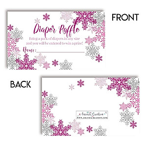 Pink and Silver Snowflake Diaper Raffle Tickets for Girl Baby Showers, 20 2" X 3” Double Sided Insert Cards for Games by AmandaCreation, Bring a Pack of Diapers to Win Favors & Prizes!
