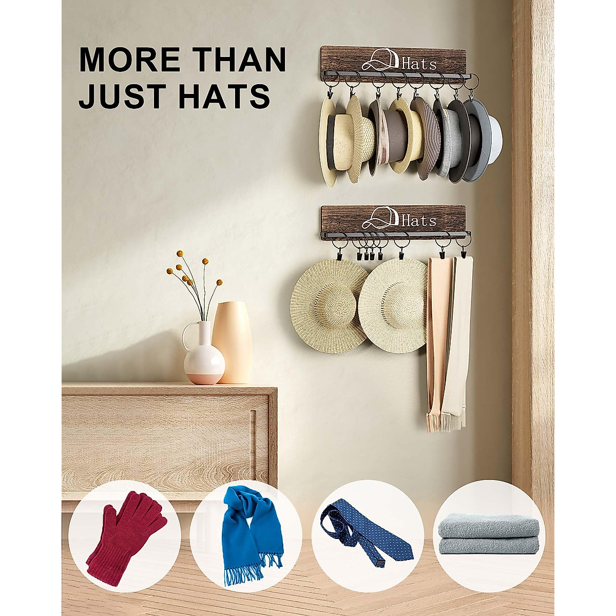 Bulado Hat Rack for Wall, Hat Organizer for Baseball Caps with 20 Hooks, Hat Storage Organizer Wall Mount, Rustic Cowboy Hat Rack Display Holder, Wood Hat Hangers for Closet Bedroom Entryway Set of 2