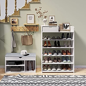 Waktavel 5 Tiers Vertical Shoe Rack with Hook, Wooden Shoe Rack Organizer with Open Top Free Standing Shoe Storage Stand for Entryway Hallway