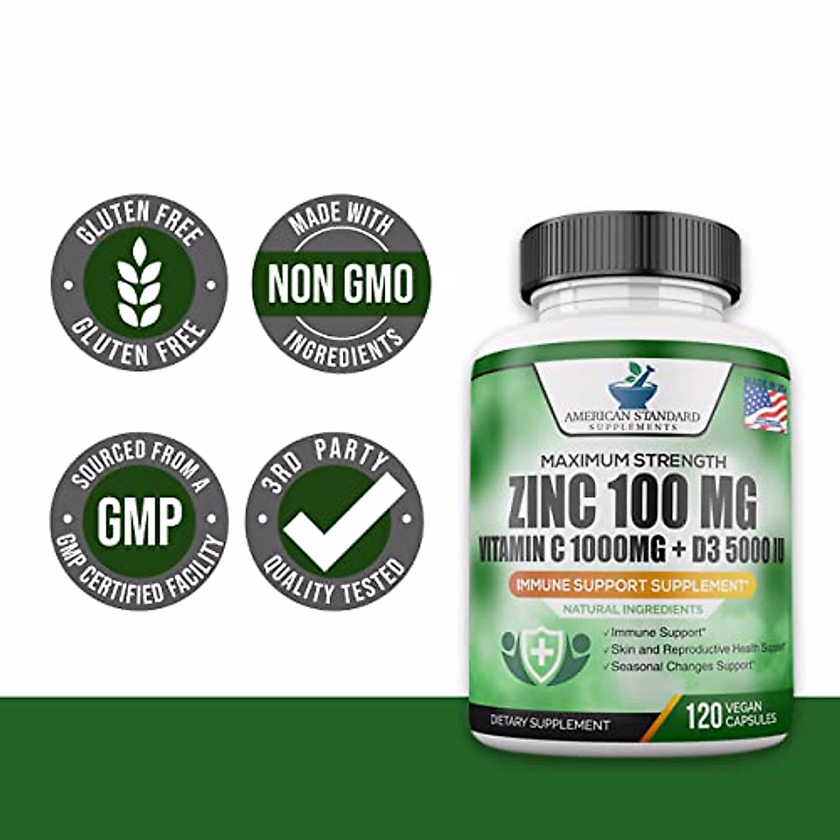 Zinc 100mg, Vitamin C 1000mg, Vitamin D 5000IU per Serving, Immune Support for Adults, Immune System Booster Supplements, Non GMO, No Filler, No Stearate, 120 Vegan Capsules, 60 Day Supply