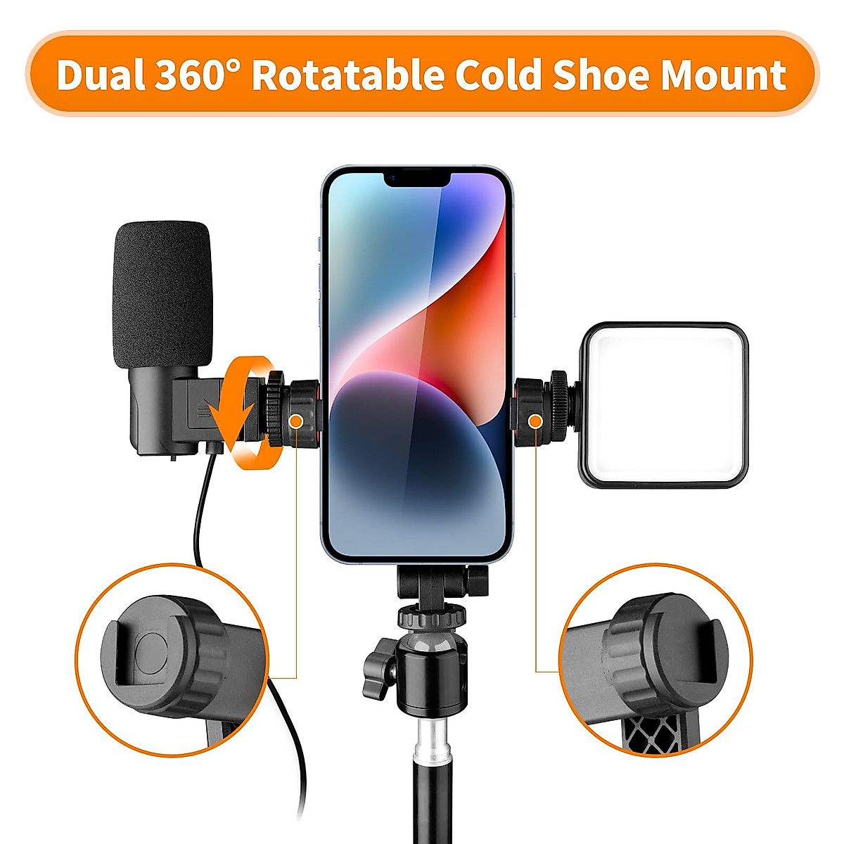 TARION Tripod Phone Mount Holder with 3 Cold Shoe Mount Cell Phone Mount Adapter for Tripod 360° Rotation Universal 1/4" Screw Smartphone Tripod Attachment Compatible with iPhone Samsung HVC-02