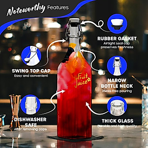 Nevlers 33 Oz Square Swing Top Glass Bottles with Lids for Juicing | Limoncello Bottles | 6 Pack Glass Airtight Bottle | Flip Top Glass Bottle With Stopper | Mead & Beer Brewing Bottles with Caps