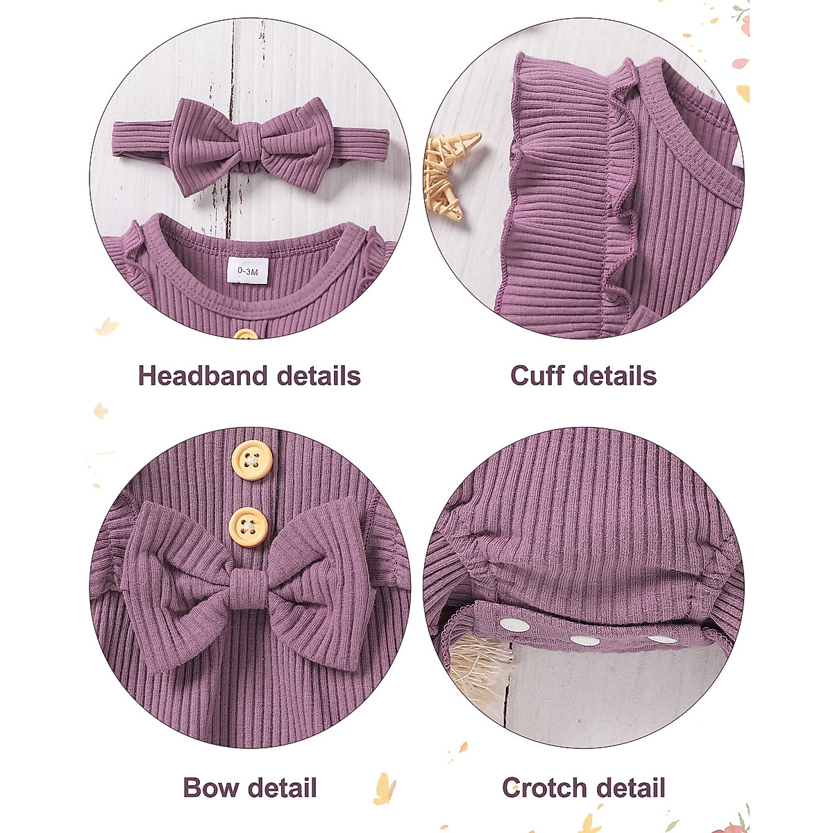 YALLET Newborn Baby Girls Clothes 0-18M Infant Girl Outfits Cute Little Girl Jumpsuit Button Solid Color Romper + Headband