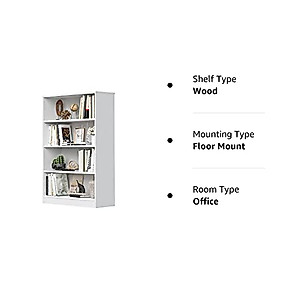 Wood Bookcase 4-Shelf Freestanding Display Wooden Bookshelf for Home Office School (11.6" D*33" W*48" H,White)