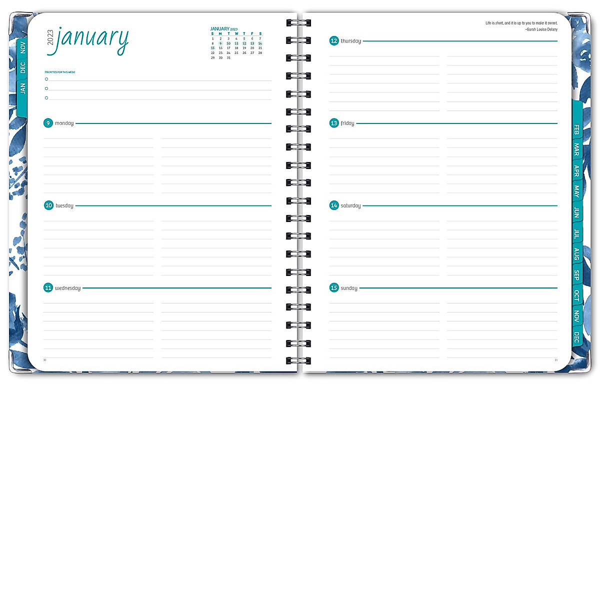 HARDCOVER 2023 Planner: (November 2022 Through December 2023) 8.5"x11" Daily Weekly Monthly Planner Yearly Agenda. Bookmark, Pocket Folder and Sticky Note Set (Blue Bloom)
