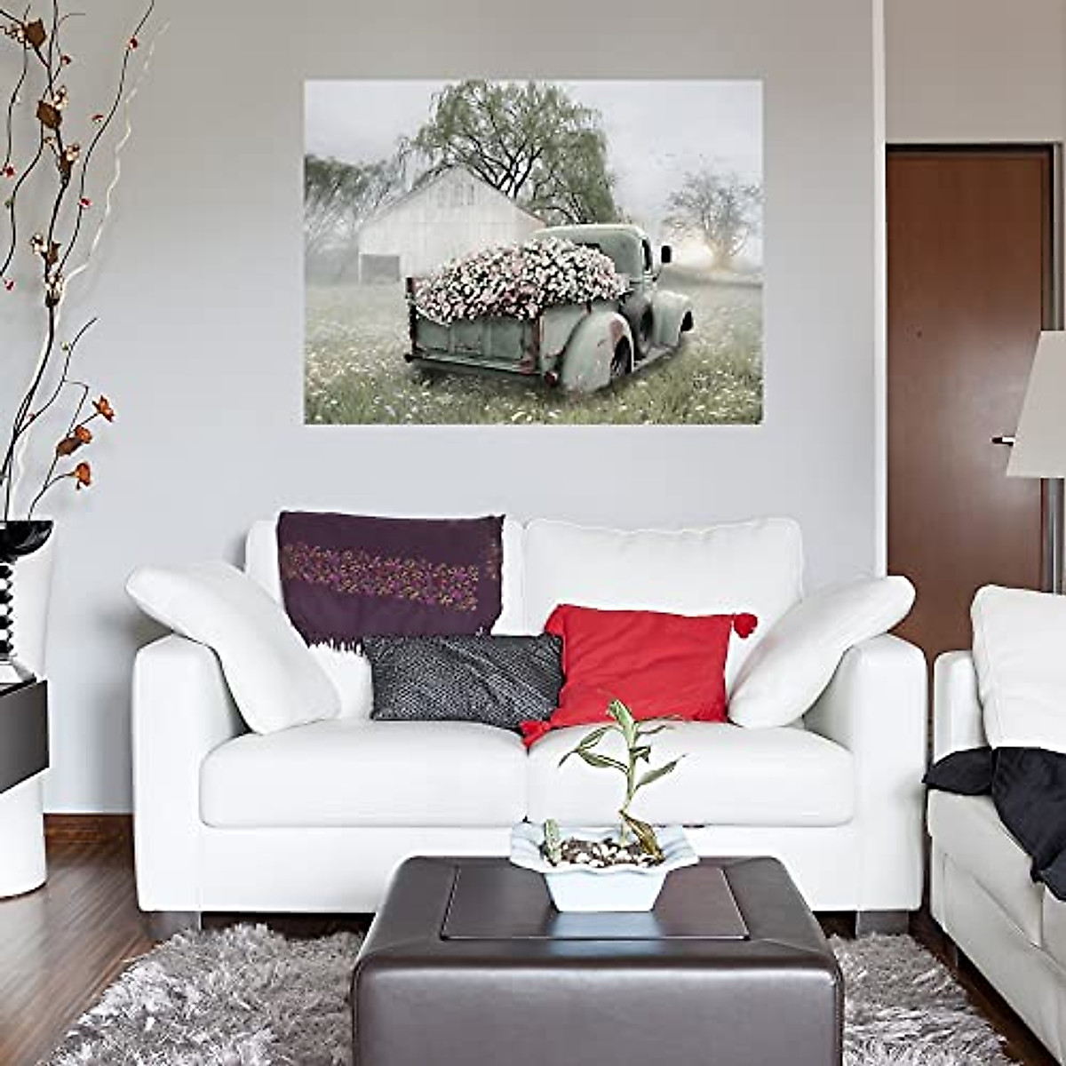 Fine Art Canvas Sage Green Truck with Blush Petunias Canvas Print by Artist Lori Deiter for Living Room, Bedroom, Bathroom, Kitchen, Office, Bar, Dining & Guest Room - Ready to Hang - 32 in x 24 in (W x H)