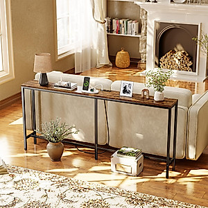 SUPERJARE 70 Inch Console Table with Outlet, Sofa Table with Charging Station, Narrow Entryway Table, Skinny Hallway Table, Behind Couch Table, for Living Room, Rustic Brown