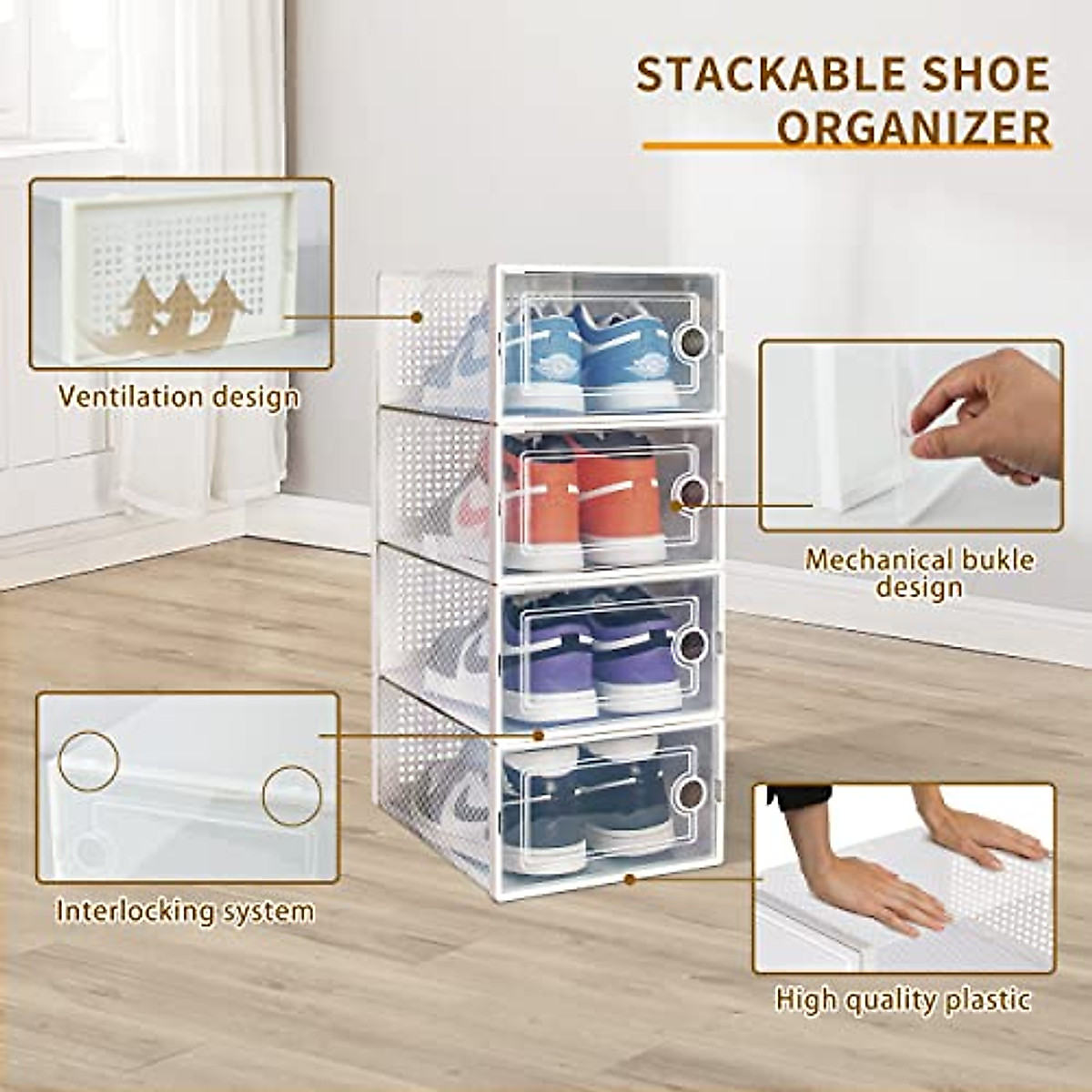 Hrrsaki 15 Pack Foldable Shoe Storage Boxes, Shoe Boxes Clear Plastic Stackable, Shoe Organizer Boxes with Front Opening Lids, Ventilation and Dust-proof, Shoe Container Boxes for Closet, Bedroom, Bathroom, Fit for Women/Men Size 9(13” x 9” x 5.5”) (white