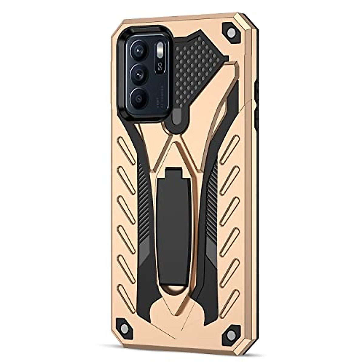 Phone Case Compatible with OPPO Reno 6 Pro(5G),Military Grade Strong Two Layer PU+TPU Hybrid Full Body Case,Bracket Protective Dustproof Shockproof Cover (Color : Earthy Gold)