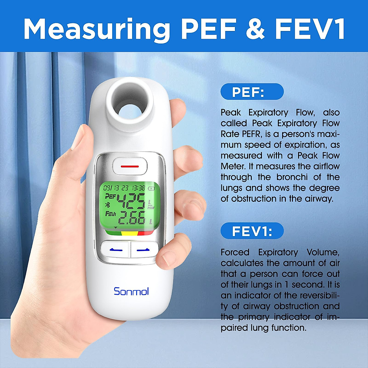 Spirometer with Risk Indicator & 300 Records Storage Function, Portable Peak Flow Meter with Tracking App and Bluetooth Tests PEF & FEV1, Asthma COPD & Other Lung Conditions Monitor for Kids Adults