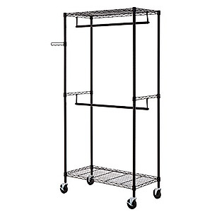 Finnhomy Heavy Duty Rolling Garment Rack Clothes Rack with Double Hanger Rods and Shelves, Portable Closet Organizer with Wheels, 1'' Diameter Thicken Steel Tube Hold Up to 300Lbs, Black
