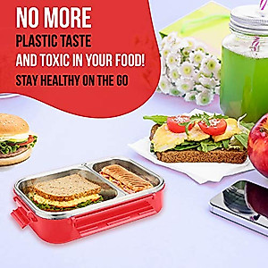 Signoraware Stainless Steel Bento Lunch Box | 20-Ounce Eco Friendly Portion Control Lunchbox Containers | 2-Compartment Metal Food Pail With Cover That Prevents Leaks & Spills (Red)