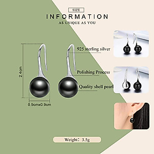 Presentski Black Pearl Dangle Earrings 925 Sterling Silver Classic Round Pearl Tear Drop Hook Earrings Jewelry Birthday Gifts for Women