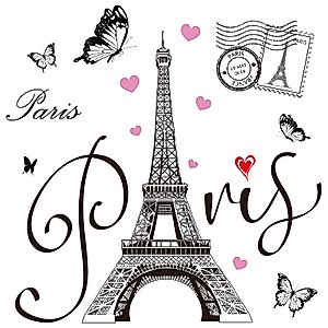 Gueevin 2 Sheets Paris Tower Wall Stickers Eiffel Tower Wall Sticker Decal Removable Paris Tower Wall Decor for Bedroom Living Room Sofa Backdrop TV Wall Romance Decoration