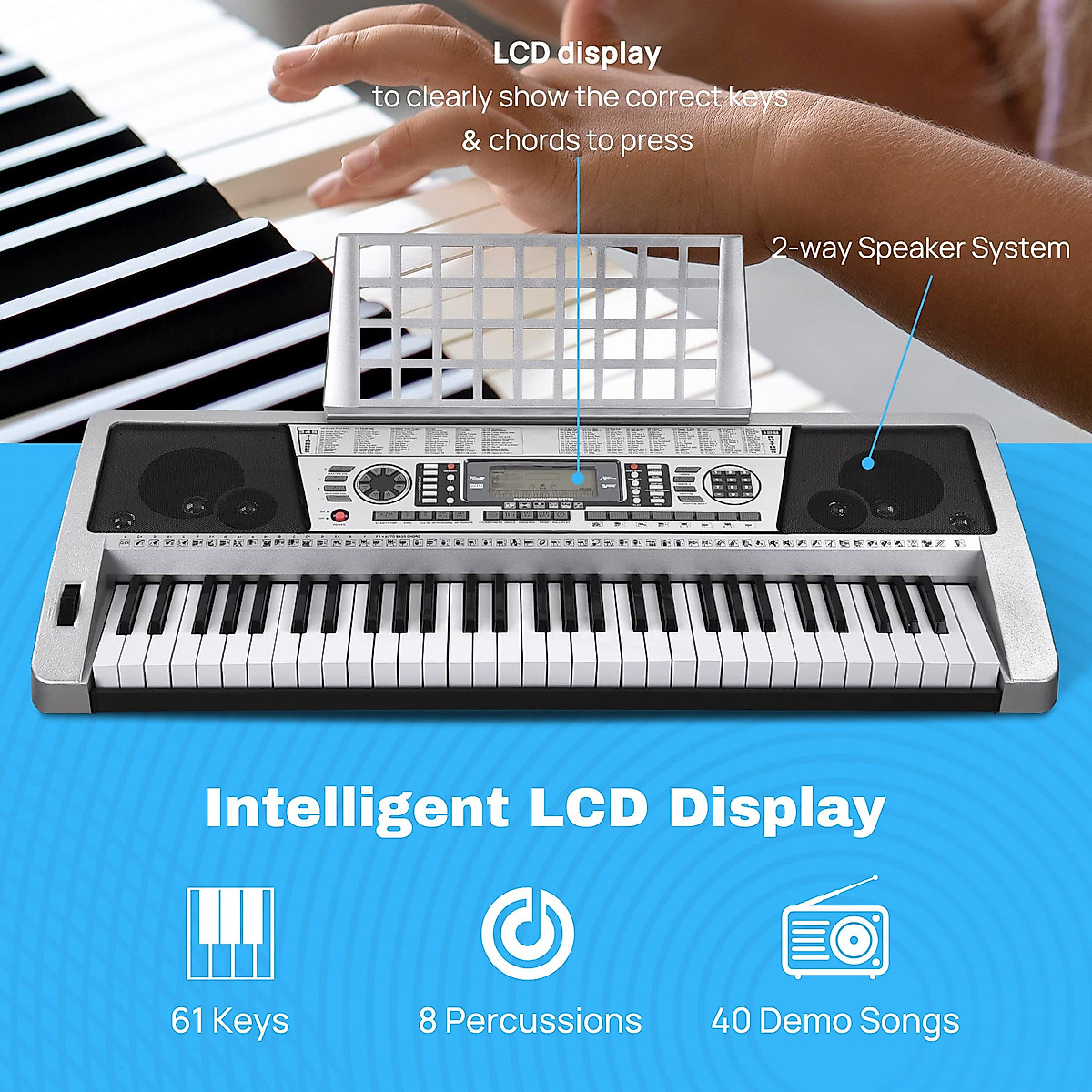 AW 61 Key Electric Keyboard Organ LCD Screen MIDI Silver Sheet Music Stand Digital Demo Songs Midi Output 125 Rhythms 345 timbress Personal Electronic Piano