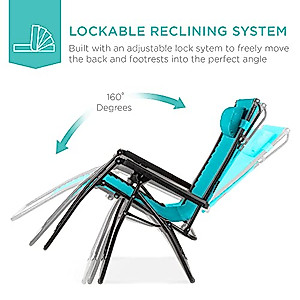 Best Choice Products Folding Zero Gravity Outdoor Recliner Patio Lounge Chair w/Adjustable Canopy Shade, Headrest, Side Accessory Tray, Textilene Mesh - Peacock Blue