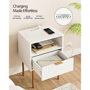 AEPOALUA Nightstand with Charging Station,Small Bedside Table with Gold Frame,White Night Stand,Bedside Furniture,Side Table with Drawer and Shelf for Bedroom,Living Room,Stripe