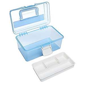 MyGift 10 Inch Portable Transparent Blue Plastic Storage Case Tool Box Sewing Box Organizer Travel Kit Box with Removable Tray, Clear Lid and Top Handle
