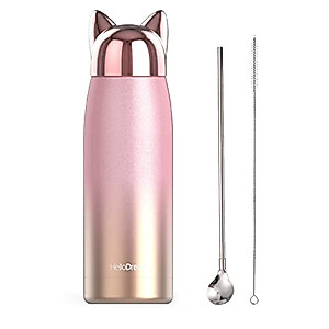 11.2oz/17oz Cat Tumbler Cute Cat Thermos Mug with Pourable Stopper Leak-proof Stainless Steel Double Wall Vacuum Insulated Flask for Kid Women Cat Lovers Gift (Pink Gold(10.5oz))