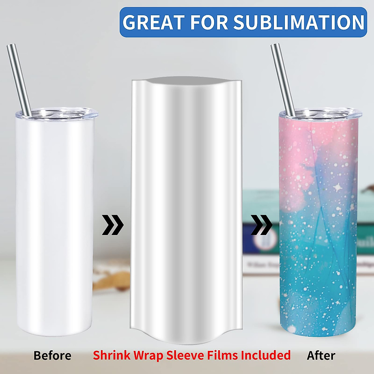 Sublimation Tumblers Bulk 20 oz Stainless Steel Tumblers Blanks Kit with Lid and Straw, 4 Pack Straight Skinny Insulated Tumblers with Sublimation Shrink-Wrap for DIY-Gifts
