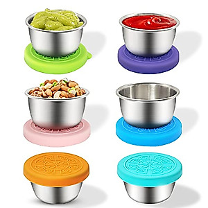 Stainless Salad Dressing Container to Go,6x1.7 oz Reusable Small Containers with Lids, Fits in Bento Box for Lunch,Stainless Steel Condiment Cup,Premium Silicone,Leakproof Dipping Sauce Cups