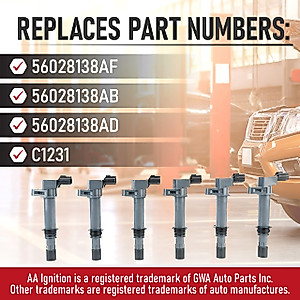 Ignition Coil Pack Set of 6 - Replaces 56028138AF, C1231 - Compatible with Dodge, Jeep Vehicles - 2002-2008 Ram 3.7 & 4.7L - 2000-2008 Dakota, Durango - 2002-2008 Grand Cherokee, Liberty