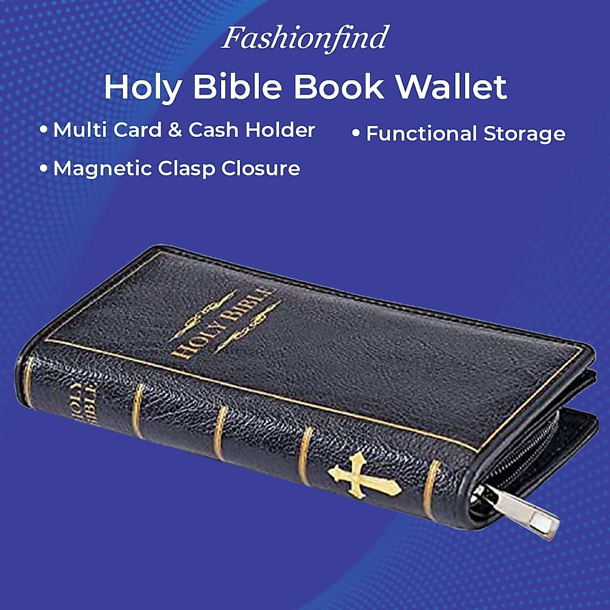 SAGEFINDS Holy Bible Book Wallet | Multi Card and Cash Holder | Magnetic Clasp Closure and Zip Around | Vinyl | 4” x 7.5”
