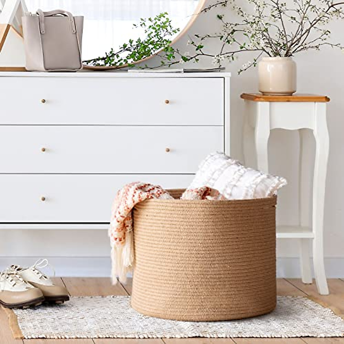 Goodpick Round Wicker Storage Basket, Woven Laundry Basket with Handles, Floor Basket for Blankets, Shoe, Large Jute Basket for Living Room, Bedroom Room, 15.8 D x 12.6 H inches