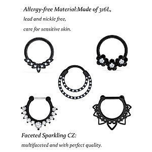 Vsnnsns 16G Septum Jewelry Septum Ring Piercing Jewelry Opal Septum Clicker Ring and Horseshoe Barbell Stainless Steel Ring Septum Nose Rings Hoop for Men Women Black 10mm 9pcs