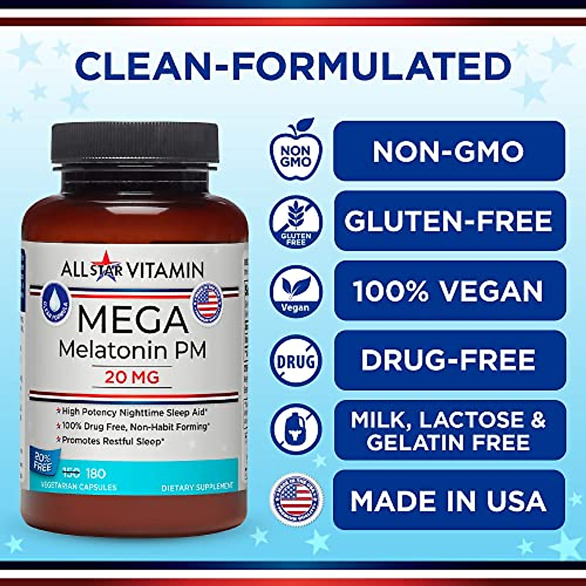 All-Star Vitamin Mega-Melatonin PM 20mg, High Potency, 180 Vegetarian Capsules, Clean-Formulated, Non-GMO, Gluten Free, Vegan, Drug-Free