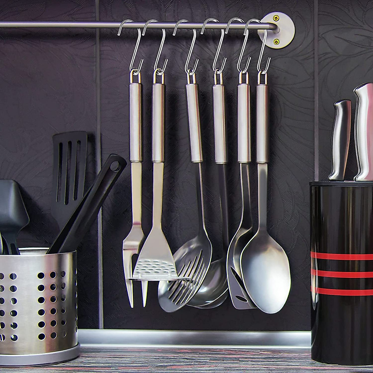 FIVOENDAR 50 Pack Heavy Duty S Hooks S Shaped Hooks Hanging Hangers Pan Pot Holder Rack Hooks for Kitchenware Spoons Pans Pots Utensils Clothes Bags Towels Plants(Black & Silver)