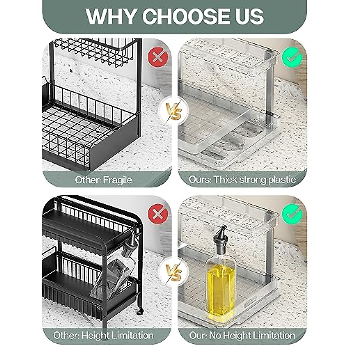 Under Sink Organizer and Storage with Under Sink Tray, 2 Tier Sliding Under Sink Shelf, L Shaped Pull Out Cabinet Basket Organizer, Slide Out Organizer Rack for Bathroom, Kitchen, 2 Pack, Clear