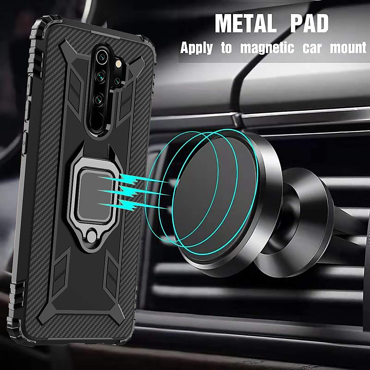 Avesfer for Xiaomi Redmi Note 8 Pro Case with Screen Protector Tempered Glass Ring Holder Kickstand Shock Absorbing TPU Phone Cover Ring Holder Kickstand Scratch Resistant Carbon Fiber (Black)