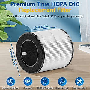 D10 Replacement Filter Compatible with Tailulu D10 HEPA Air Purifier, 3-in-1 H13 Grade True HEPA Replacement Filter, 360 Rotating D10 Filter, 2 Pack