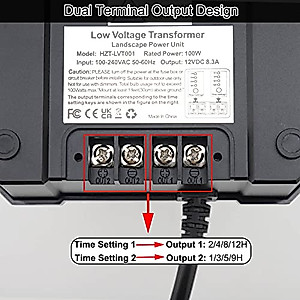 Derekland Low Voltage Transformer, 100W Landscape Lighting Transformer with Timer and Photocell Sensor, Waterproof Dual Output 120V to 12V DC Power Supply for Spotlight Pathway Light Deck Light