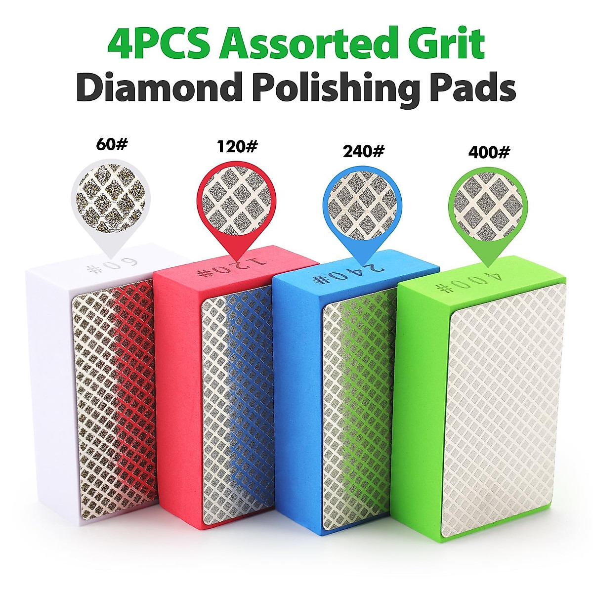 WORKEASE Diamond Hand Polishing Pads, 4PCS Diamond Sanding Block 60/120/240/400 Grit Diamond Hand Pads Foam Backing for Tile Glass Stone Marble Granite Ceramics Metal Wet&Dry