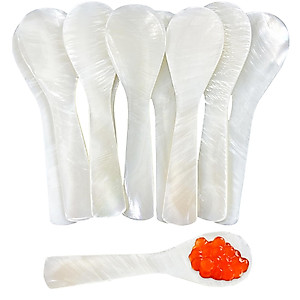 PETIT MANON 10PCS Caviar Spoons Mother Of Pearl Caviar Spoons W Round Handle, Handmade Pearl Spoon Shell Spoon for Caviar, Egg, Coffee, Ice Cream, Restaurant Serving (White,2.87 Inch)