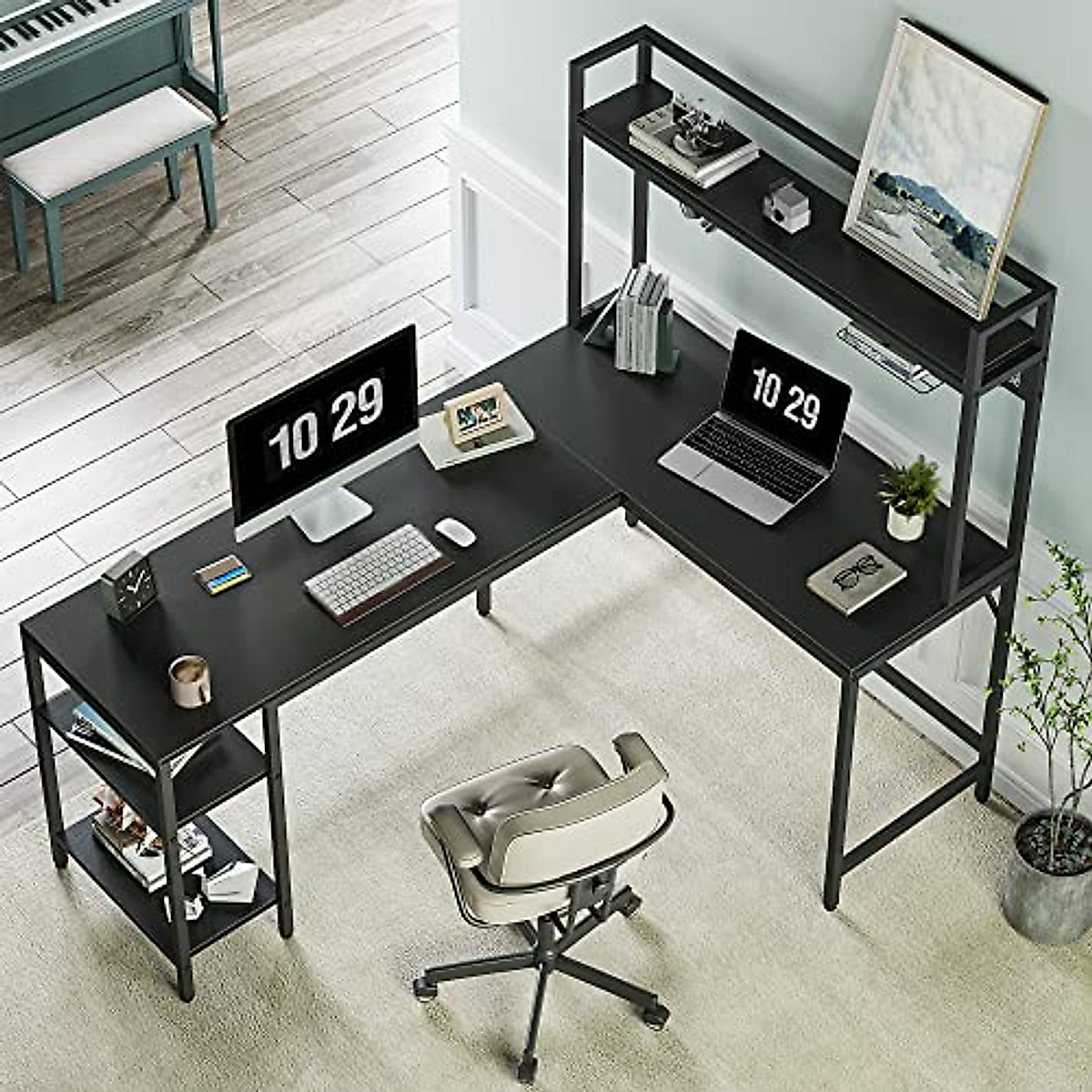 CubiCubi L Shaped Desk with Hutch, 58" Corner Computer Desk with Drawer,Home Office Gaming Table Workstation with Storage Bookshelf